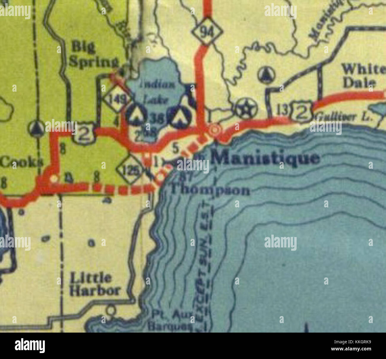 This historical photo shows US Route 2 near Manistique, Michigan, in ...