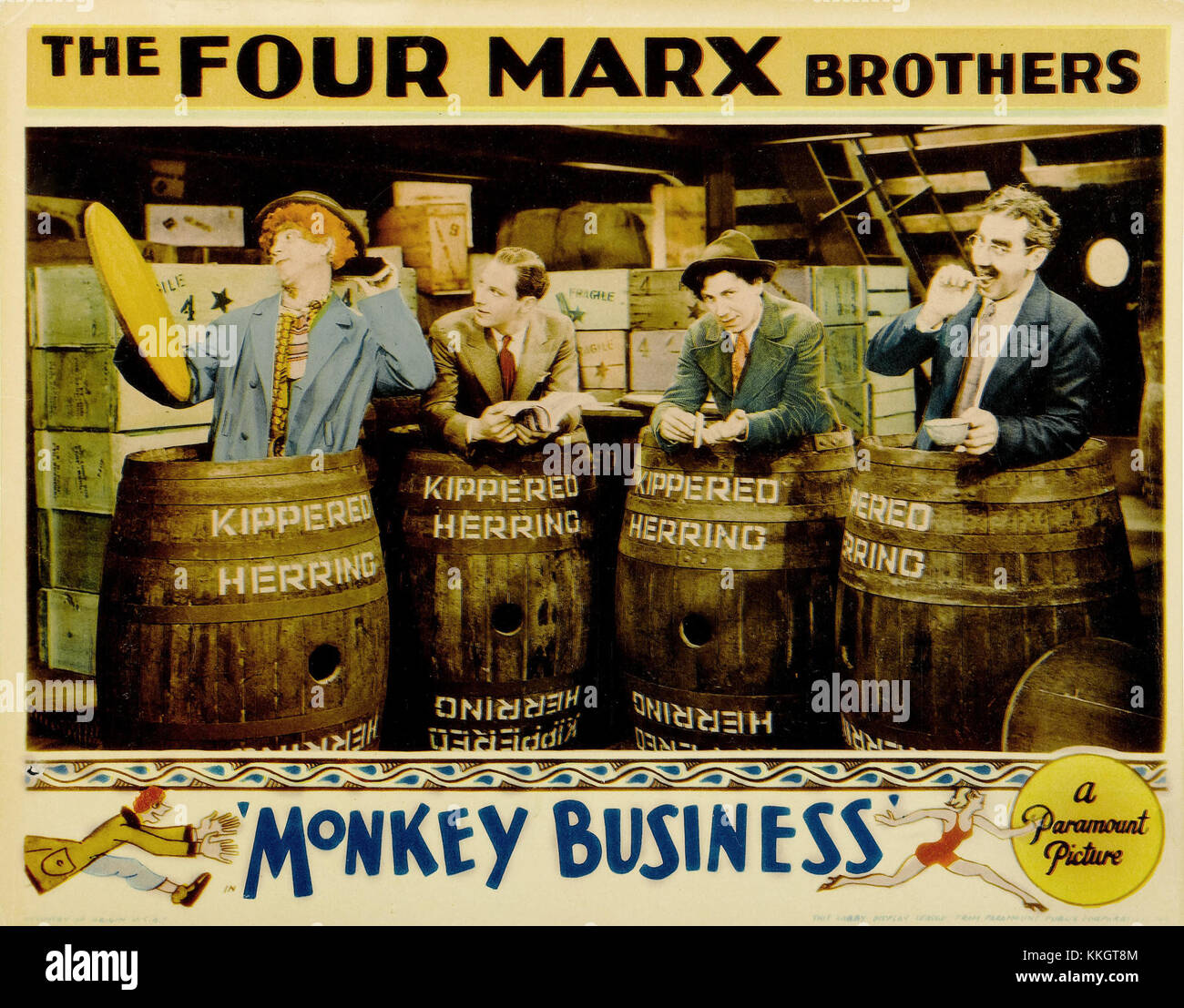 A lobby card for the film 'Monkey Business,' showcasing key moments ...