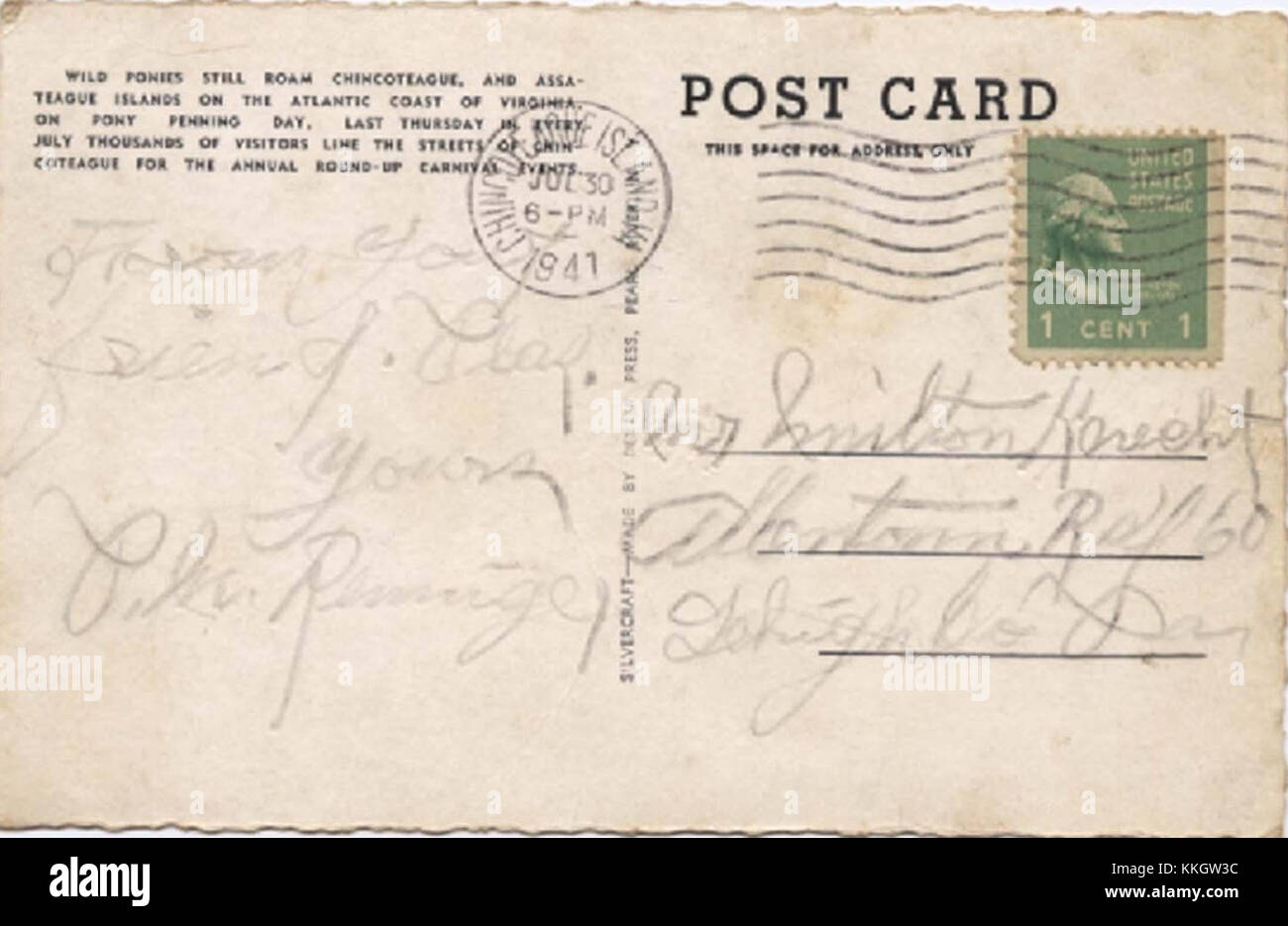This 1941 postcard, depicting ponies, shows the reverse side with ...