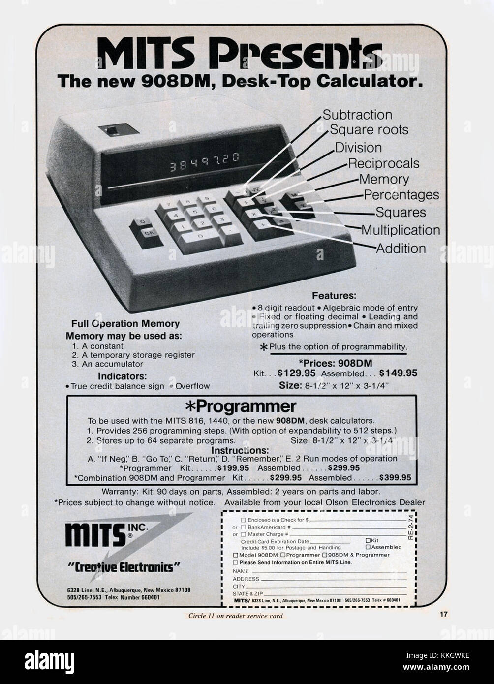 The MITS 908DM calculator, released in 1974, was an early electronic ...