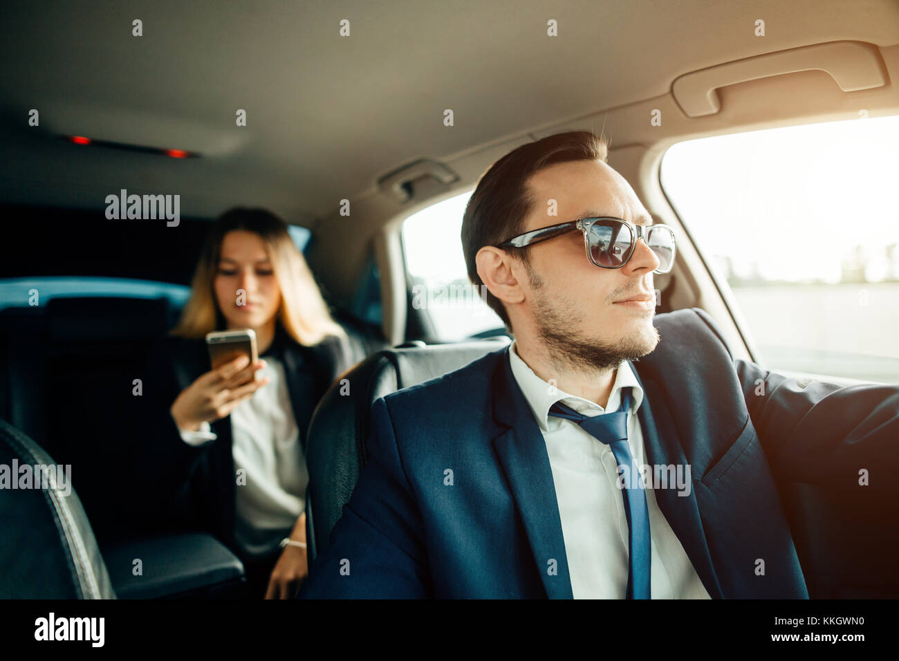Businesswoman Talking Using Phone Car Inside Stock Photo - Alamy