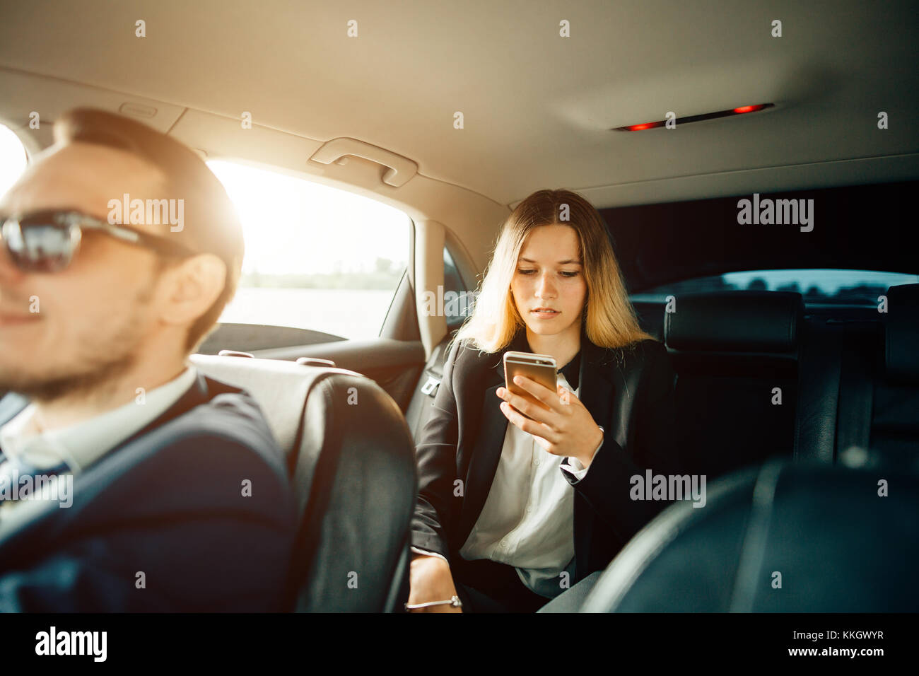 Businesswoman Talking Using Phone Car Inside Stock Photo - Alamy