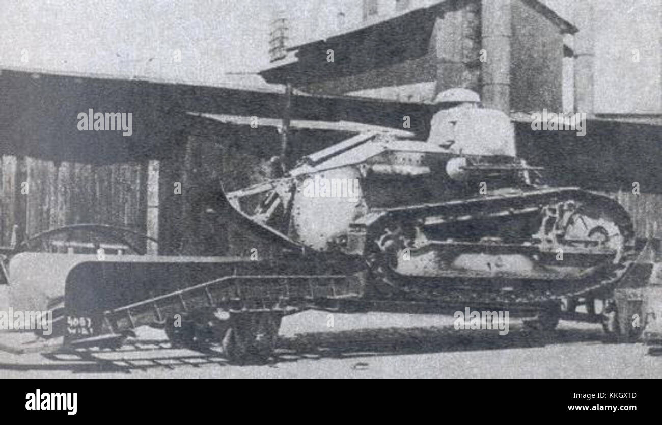 The Renault tank on a rail guide is a historical military artifact ...