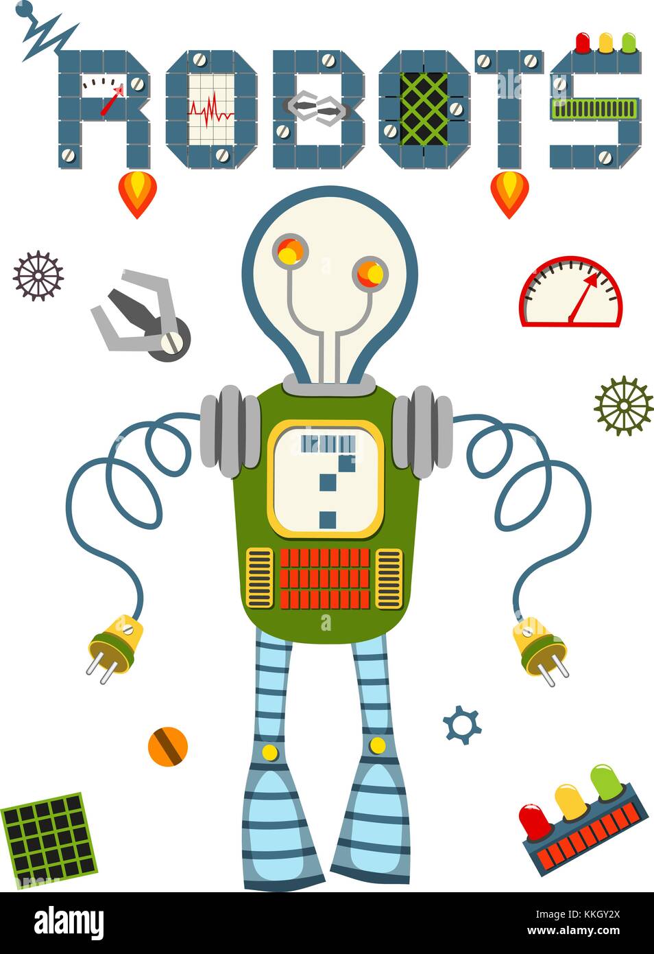 Bright colorful poster with vintage robot and tech isolated on white ...