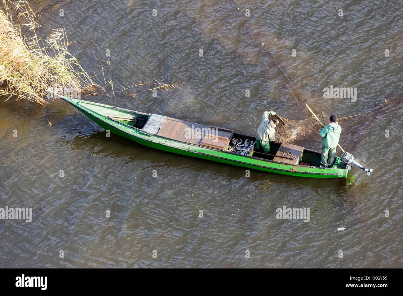 Aerial images of Astrakhan oblast, Russia. Volga Delta. Fishing boat ...