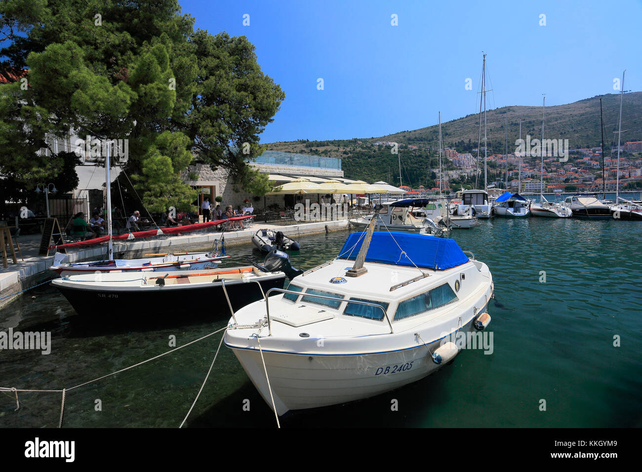 Tourists at the Orsan Yacht club, Port Gruz, Lapad town, Dubrovnik ...