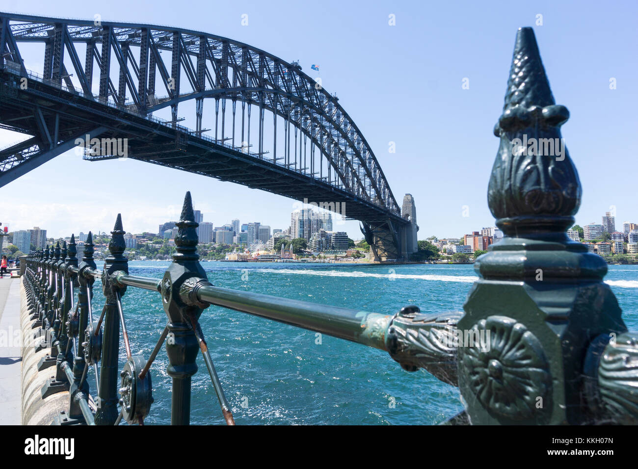 Sydney Harbor Bridge from below wide angle stretches across to other ...