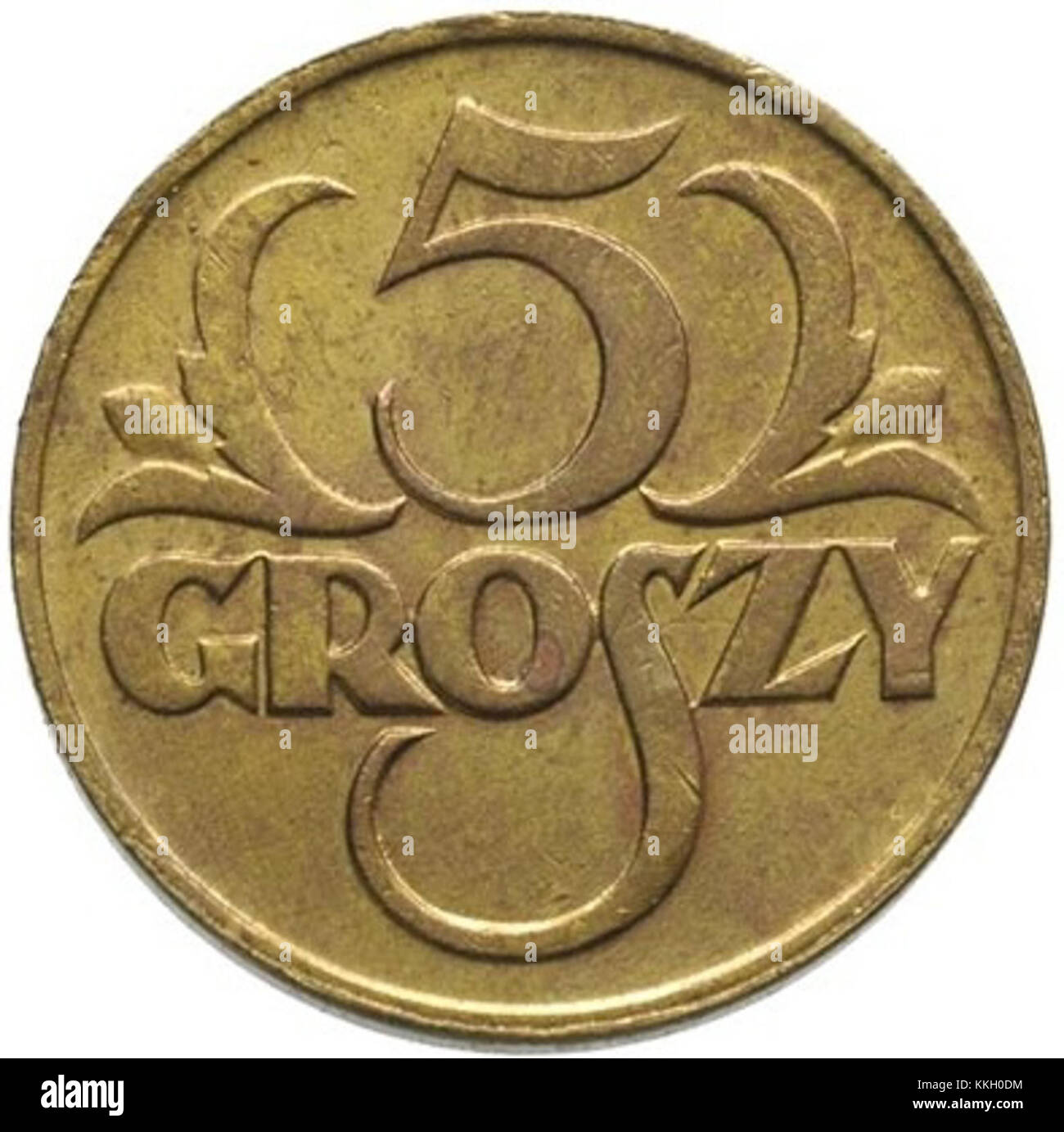 This image depicts the front side of a 5 groszy coin, a unit of ...