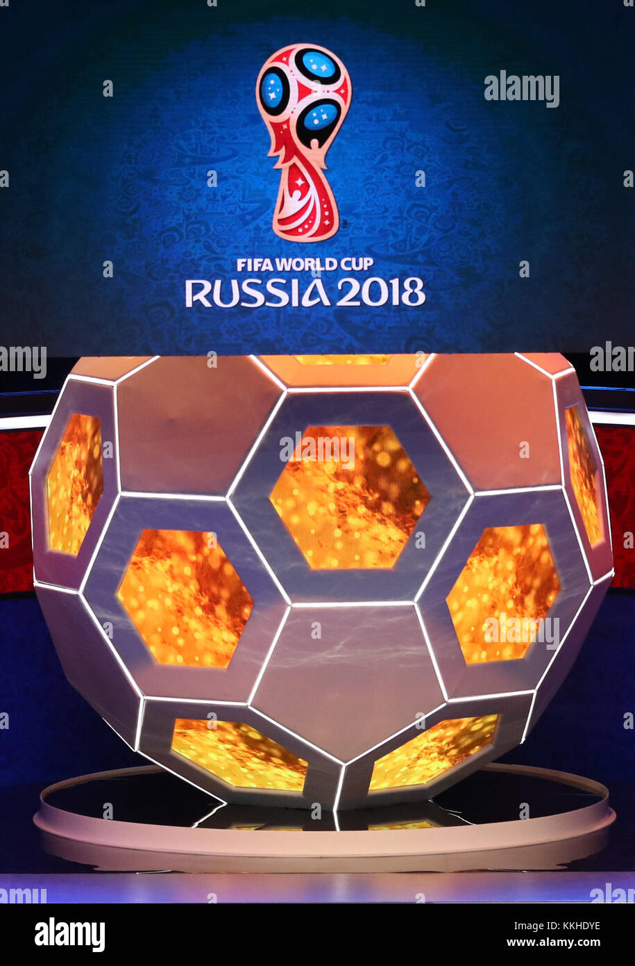 Moscow, Russia. 01st Dec, 2017. The logo of the 2018 World Cup onstage ...