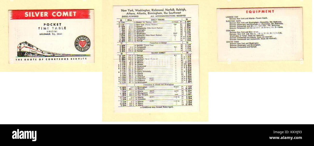 A 1958 Silver Comet pocket timetable, documenting travel schedules for ...