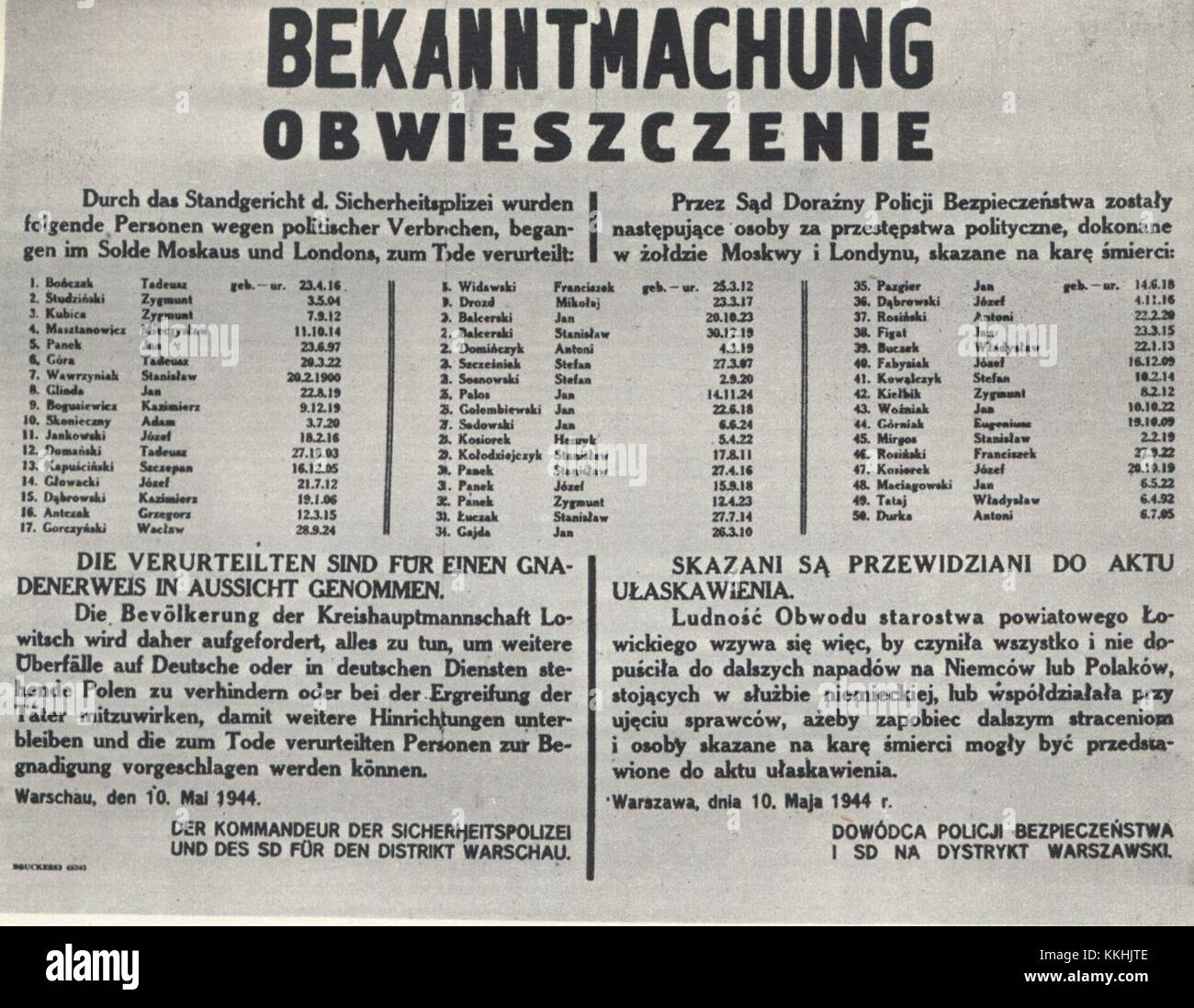 In May 1944, during the German occupation of Warsaw, an announcement ...