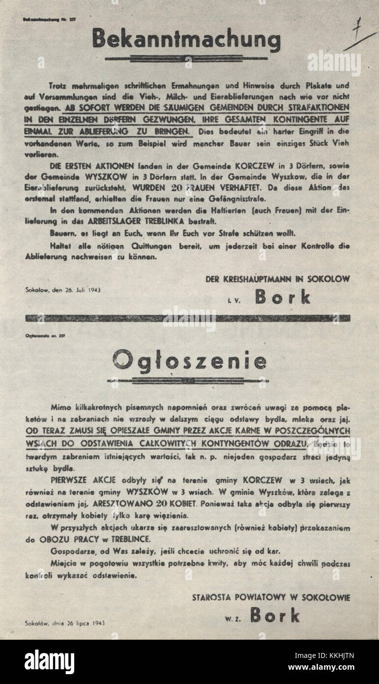 A historical document from occupied Poland in July 1943, announcing ...