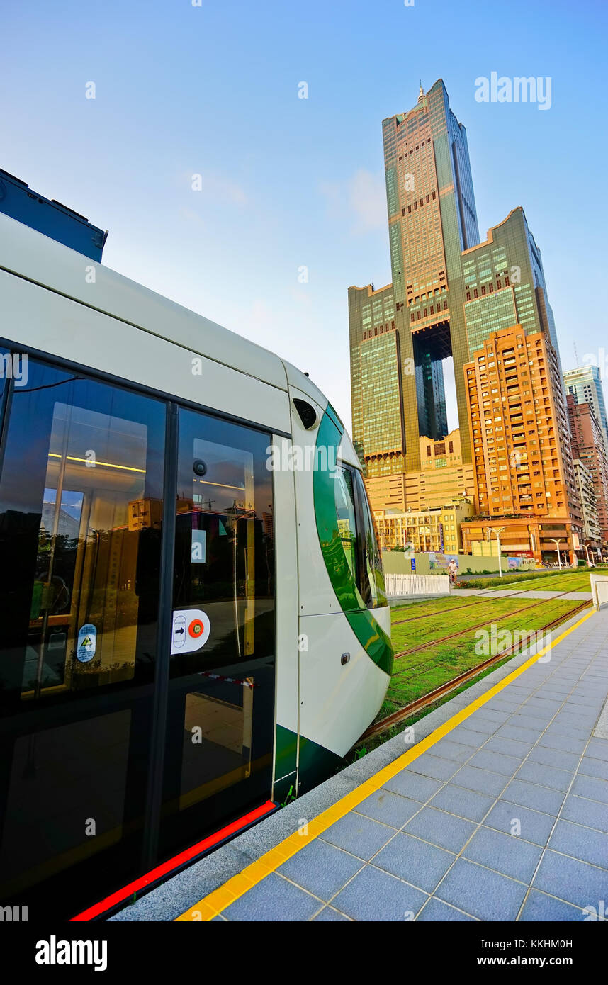 Kaohsiung, Taiwan - April 15, 2017: View of a light rail tram and the ...