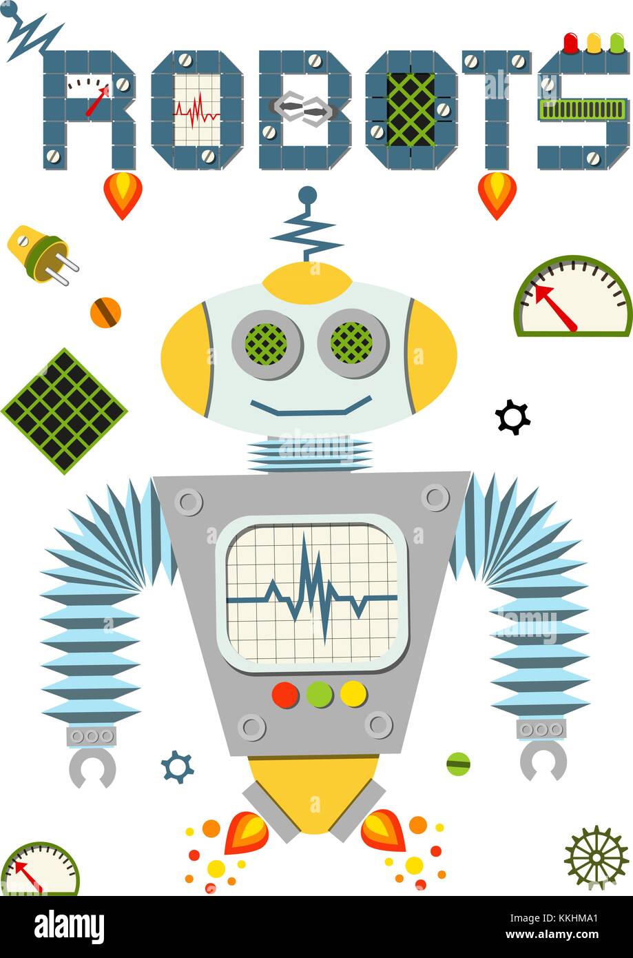 Bright colorful poster with vintage robot and tech isolated on white ...