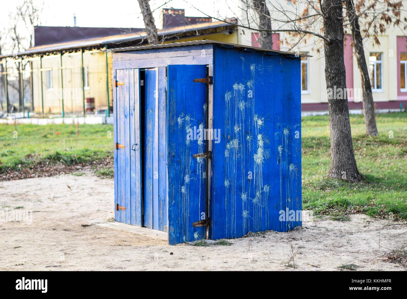 Public toilet in a street park. Blue wooden toilet, restroom Stock ...