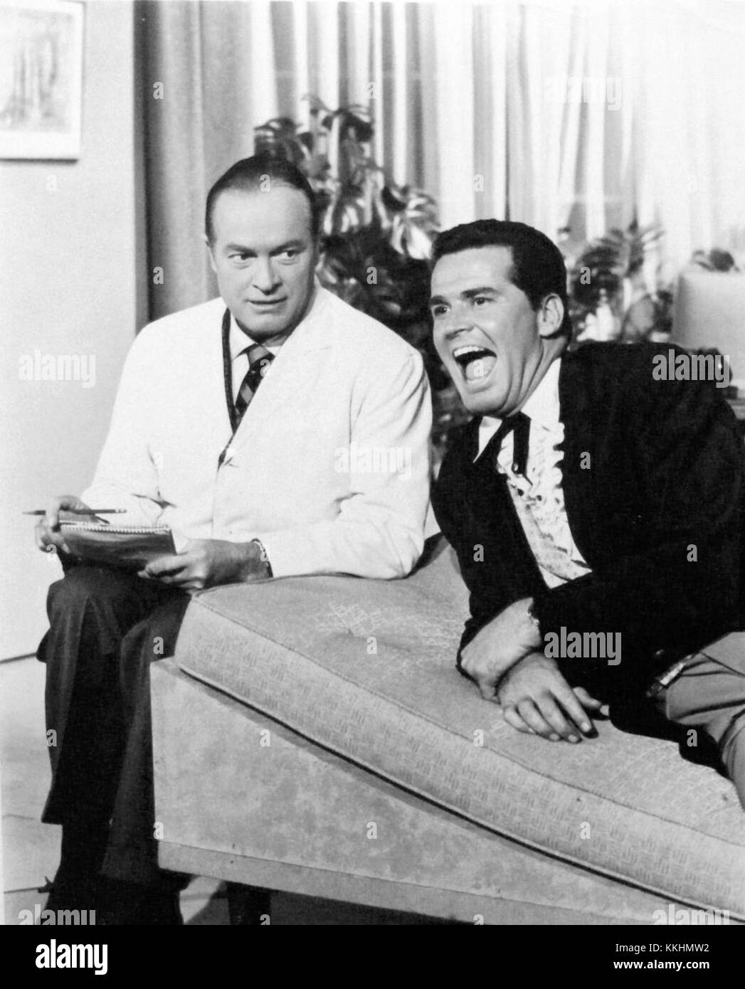 This historical image shows actor Bob Hope with fellow actor James ...