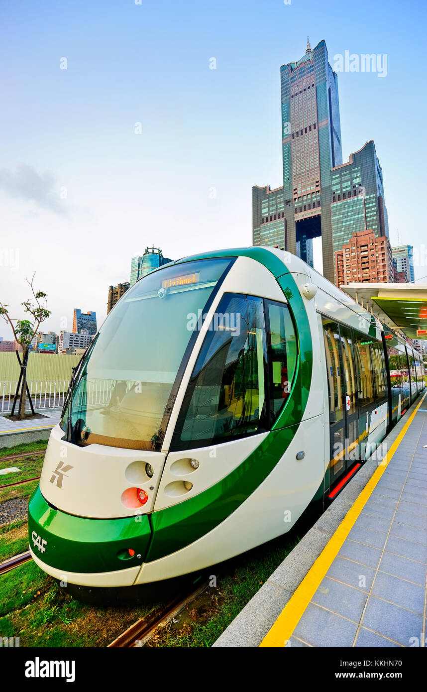 Kaohsiung, Taiwan - April 15, 2017: View of a light rail tram and the ...
