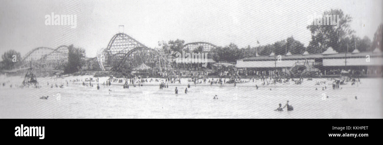 The image shows Cedar Point amusement park's roller coasters during the ...