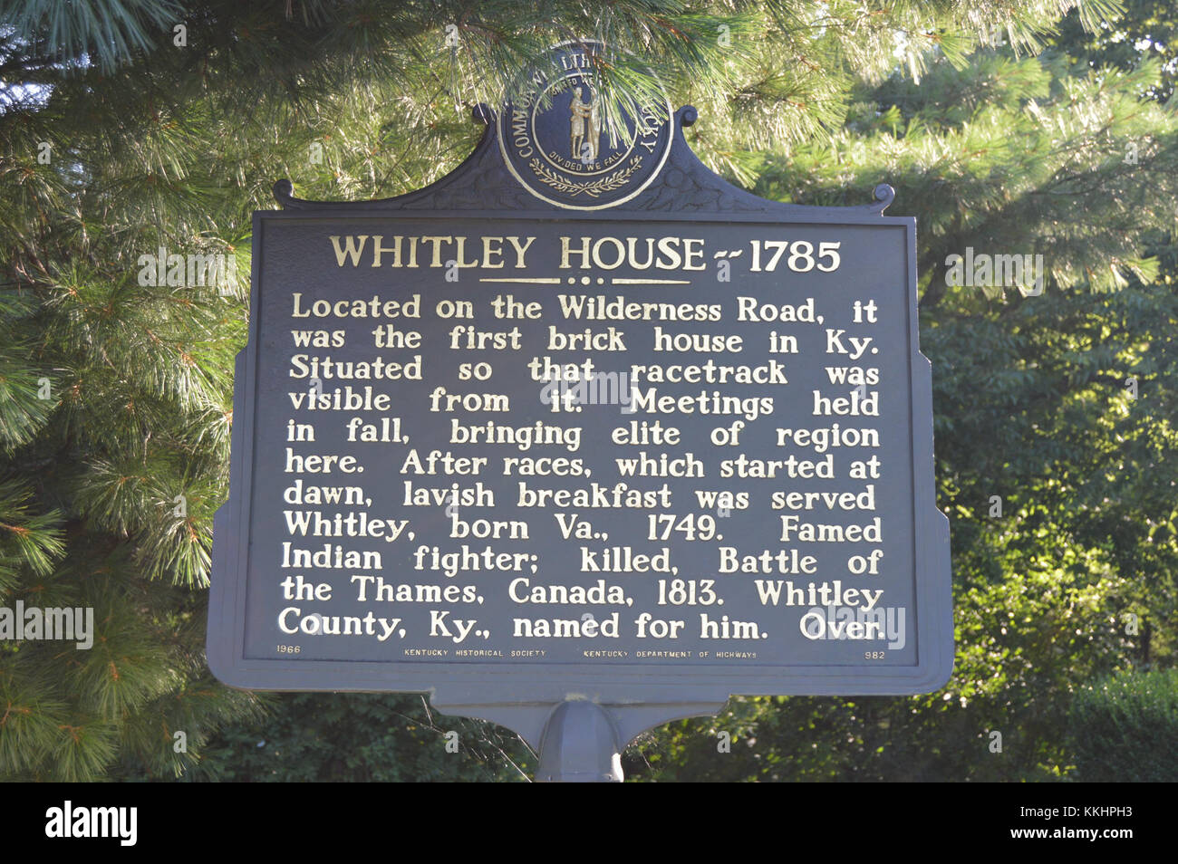 A historical marker at Whitley House, built in 1785, recognizing its ...