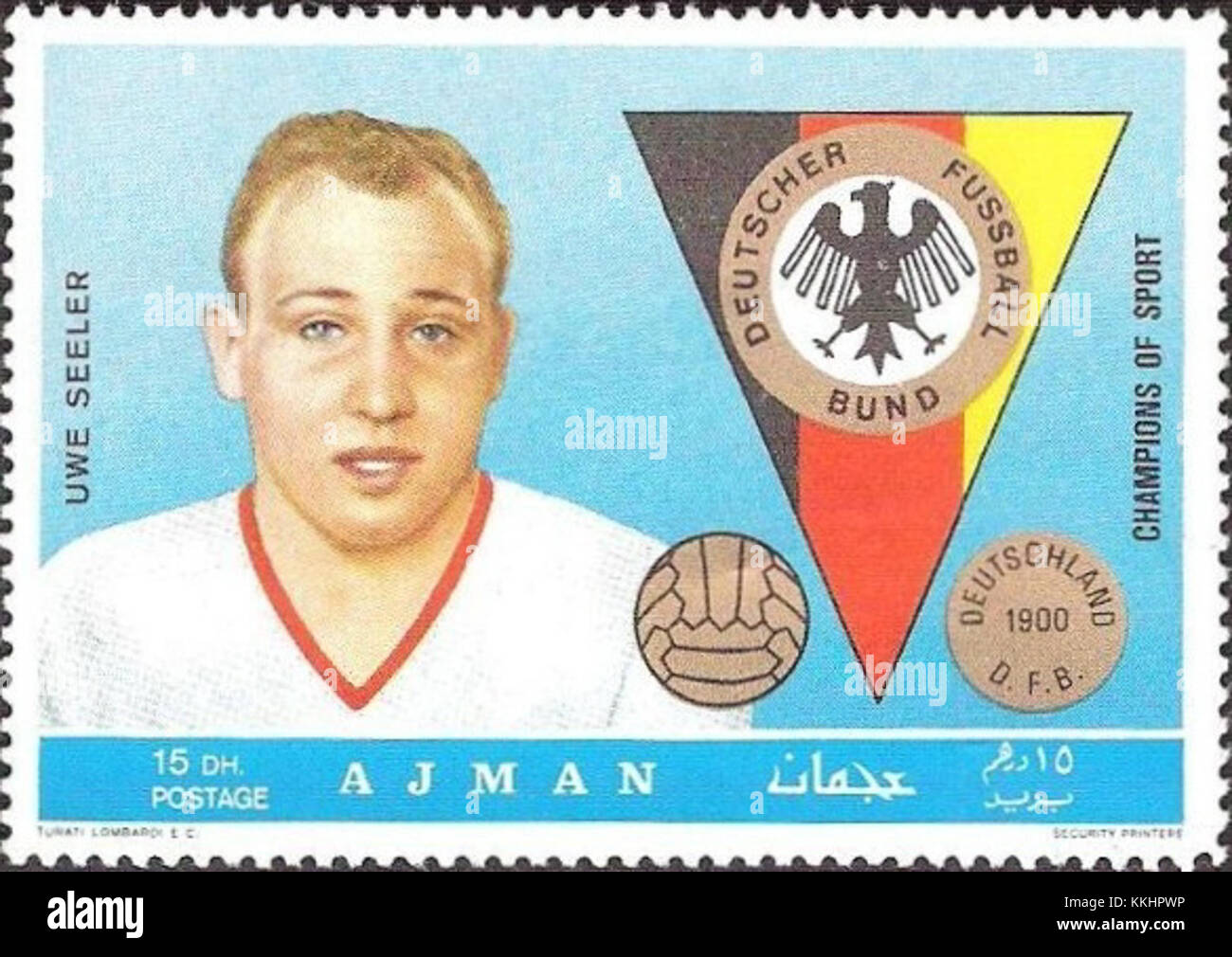 The 1969 Ajman stamp features Uwe Seeler, a renowned German footballer ...