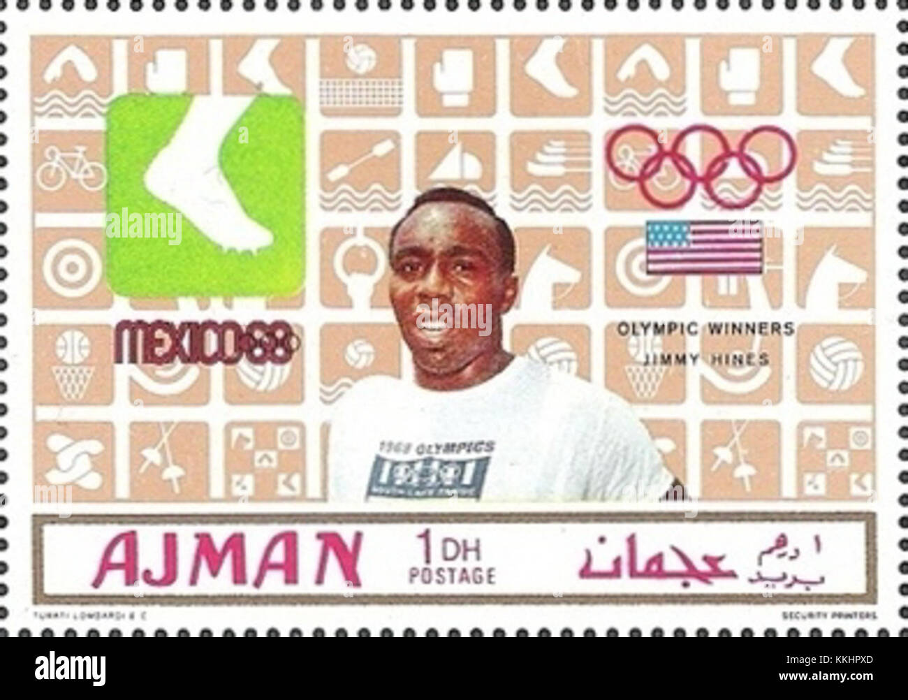 The 1969 Jim Hines Ajman stamp commemorates the American sprinter's ...