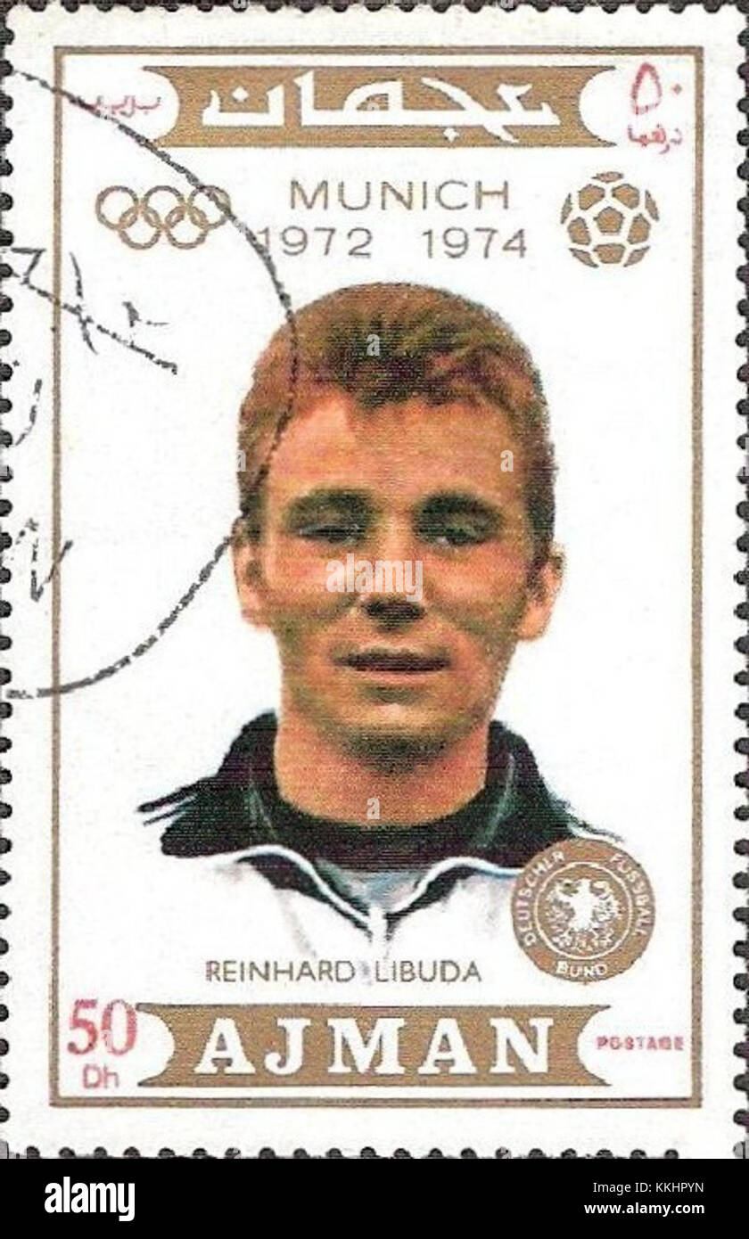 This 1971 stamp from Ajman features Reinhard Libuda, a German ...
