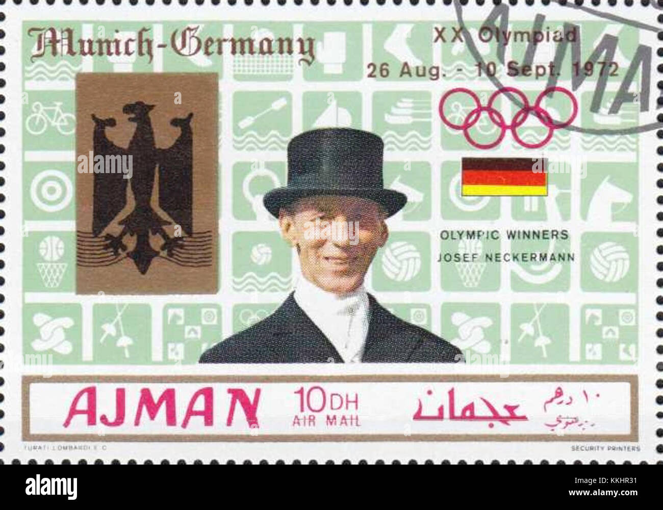This stamp from Ajman, issued in 1972, features Josef Neckermann, a ...