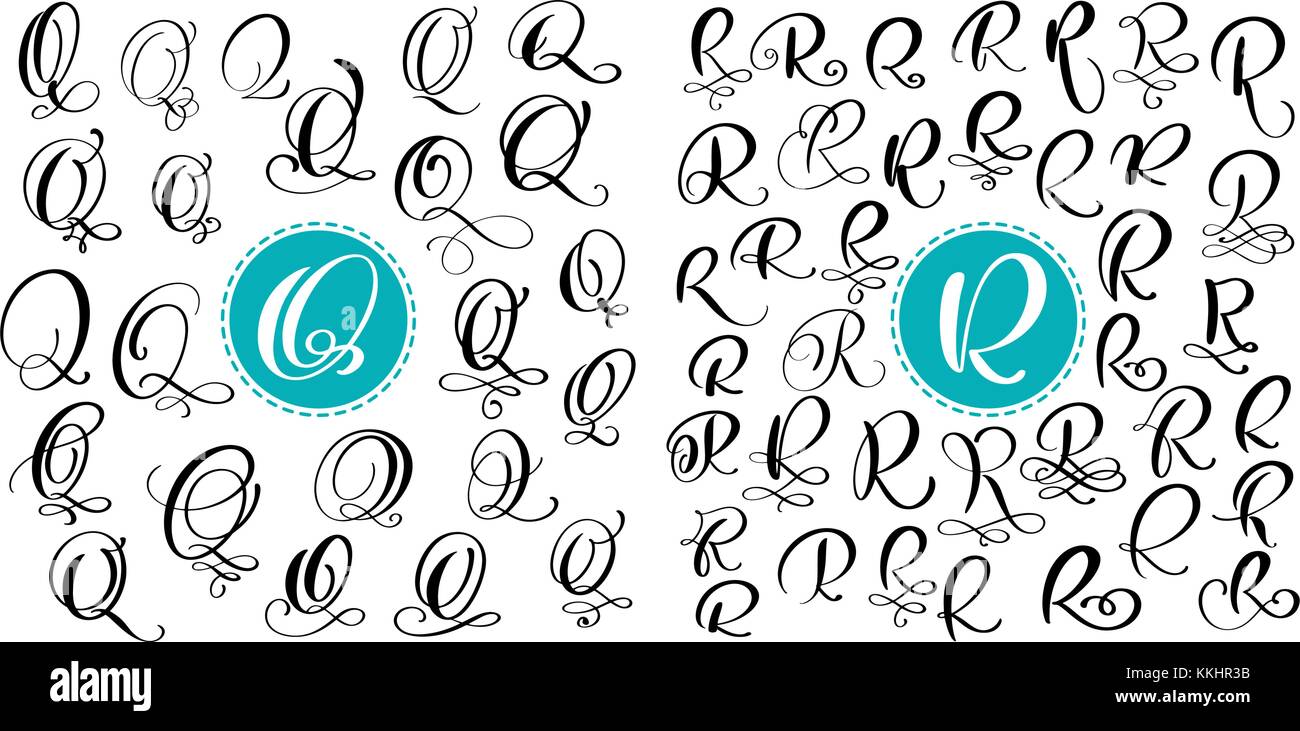 Set letter Q, R. Hand drawn vector flourish calligraphy. Script font. Isolated letters written ...