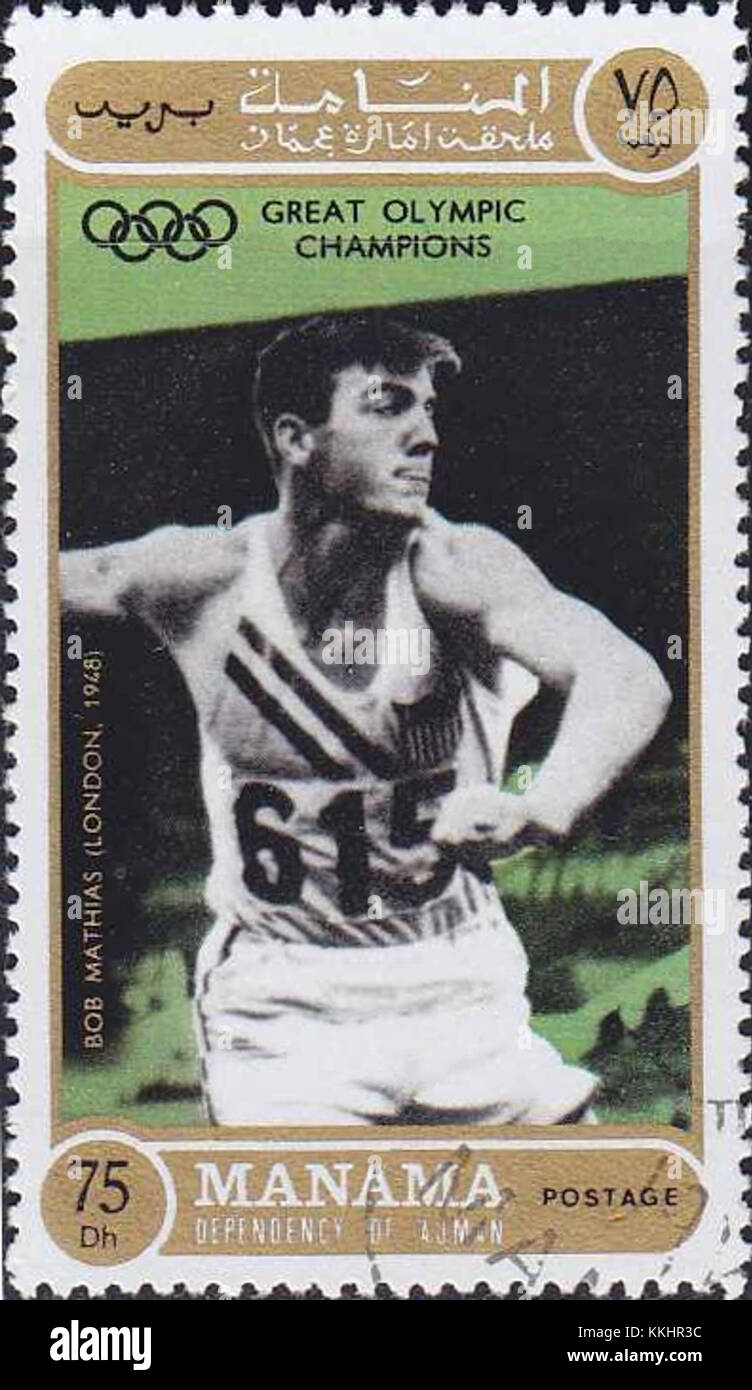 The Bob Mathias 1971 Ajman stamp honors the legendary Olympic athlete ...