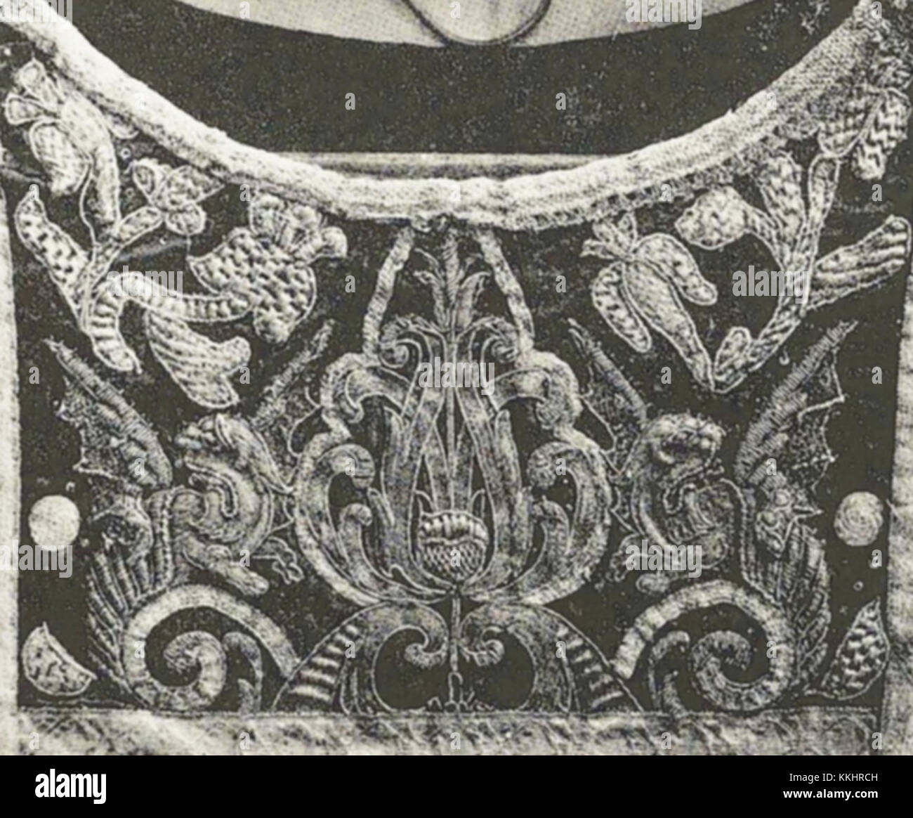 This detailed image shows a portion of a dalmatic, a ceremonial garment ...