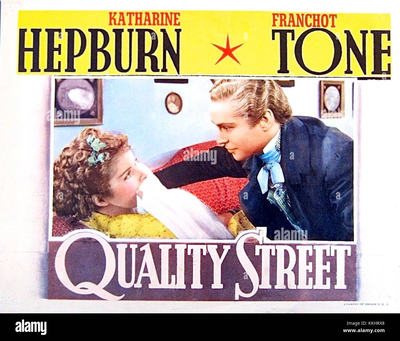 This lobby card from the 1937 film 'Quality Street' depicts key ...