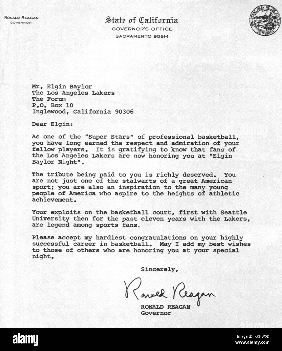 Ronald Reagan Elgin Baylor letter Stock Photo - Alamy
