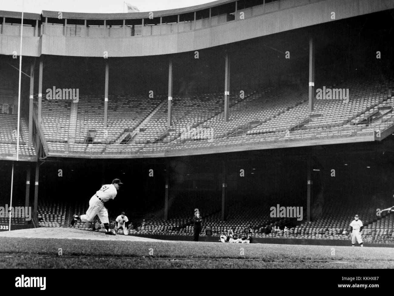 This image captures Ned Garver pitching at Tiger Stadium in 1955 ...