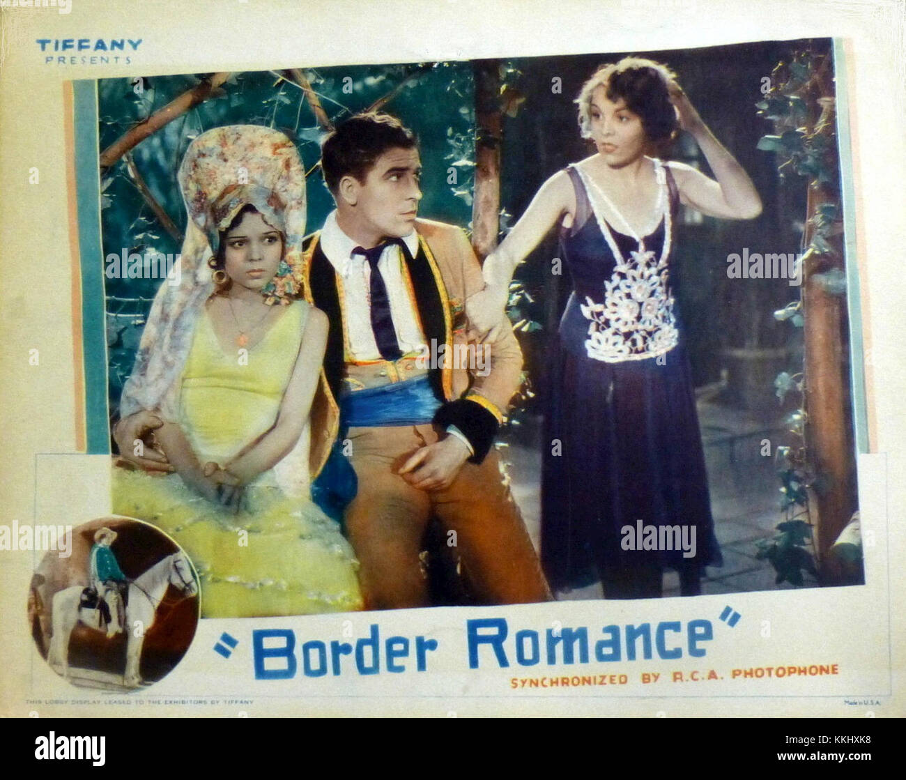 A lobby card from the 1930s film 'Border Romance,' featuring scenes from the movie and promoting ...