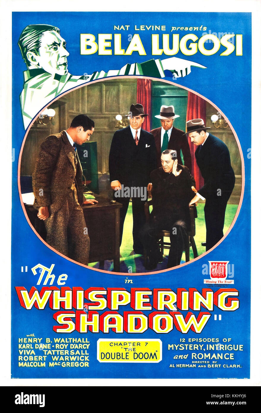 The Whispering Shadow is a film, and the poster depicts dramatic elements such as mystery ...