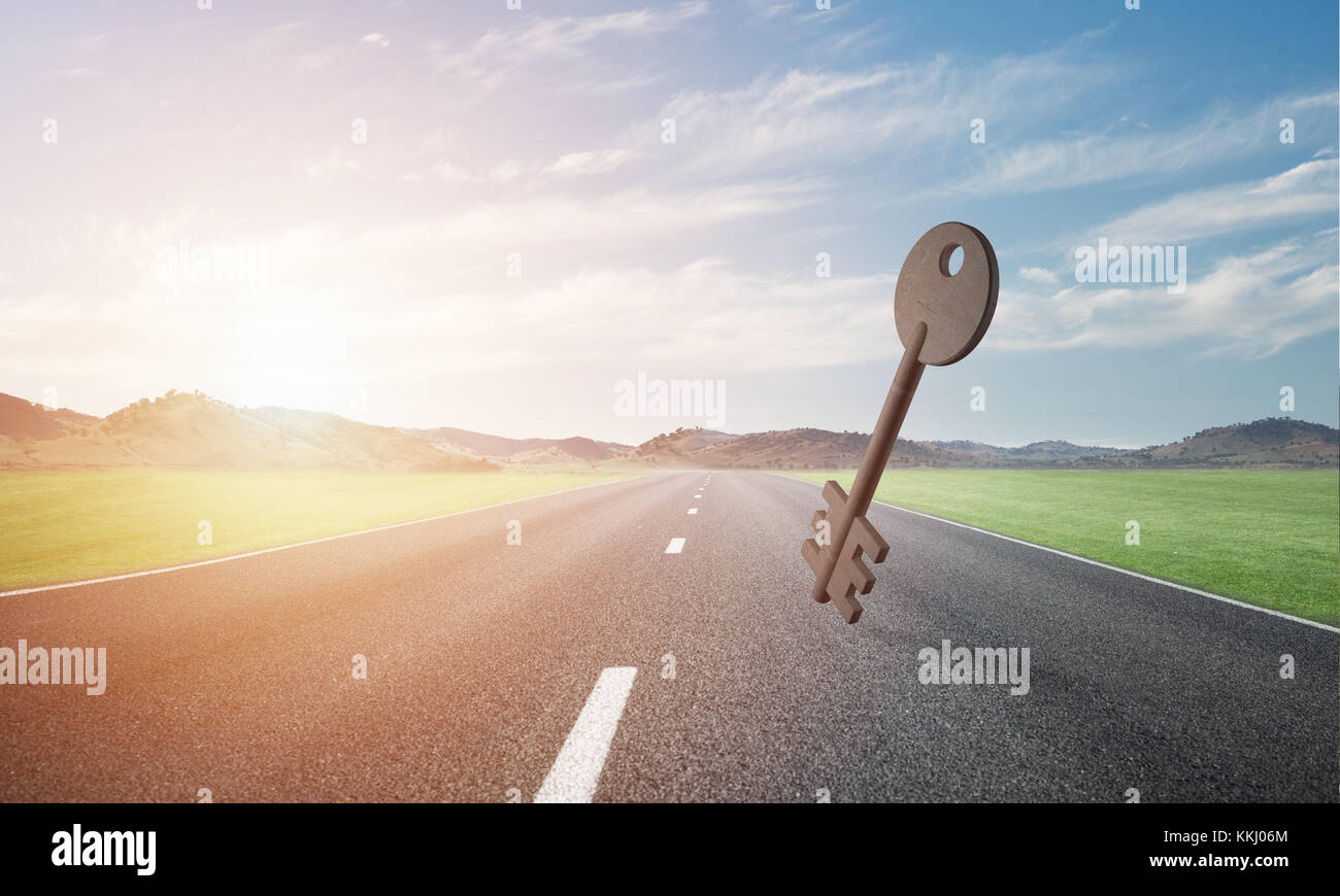 Conceptual background image of concrete key sign on asphalt road Stock ...