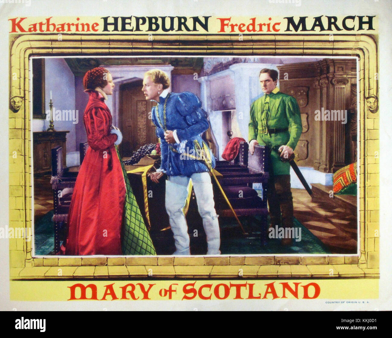 A lobby card from the 1936 film *Mary of Scotland*, starring Katharine Hepburn, depicting the ...