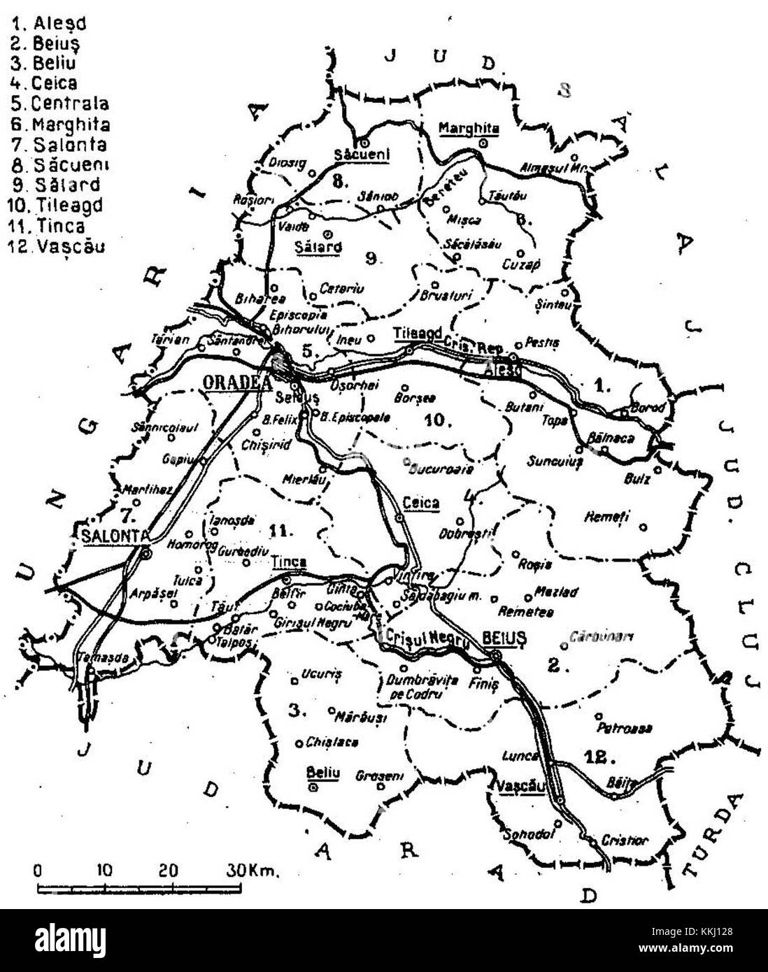 The 1938 map of Bihor, an interwar county, provides a detailed view of ...