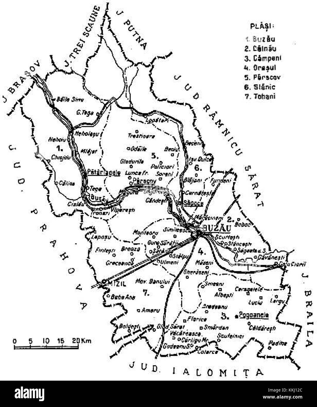 A 1938 map of the interwar period county of Buzau, Romania, detailing ...