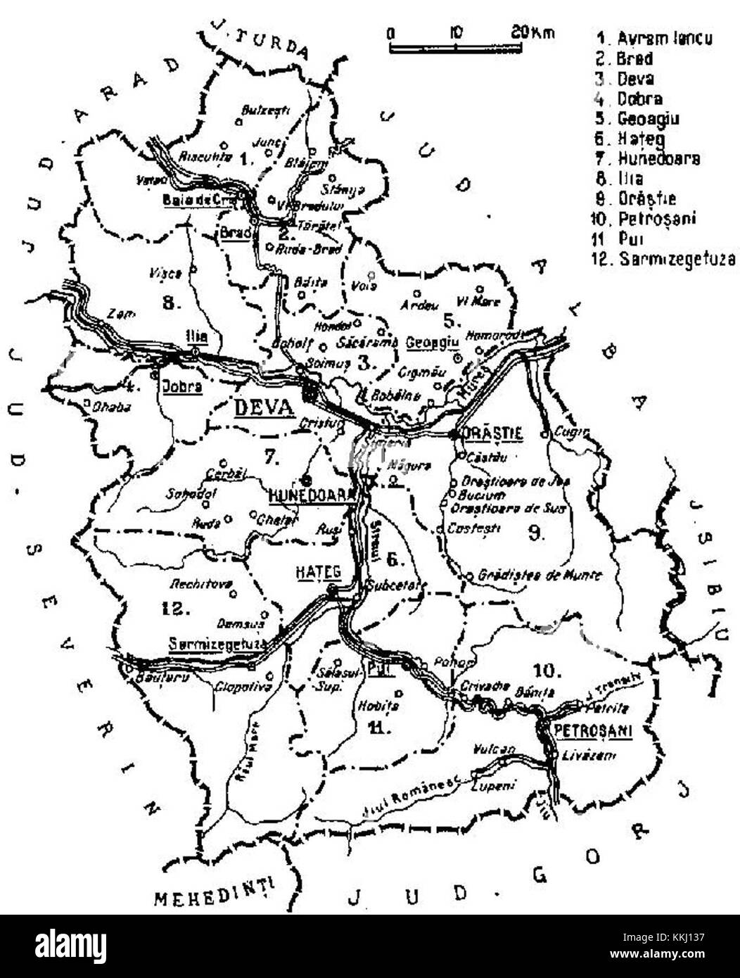 This 1938 map of Hunedoara, a county in Romania, shows the region ...