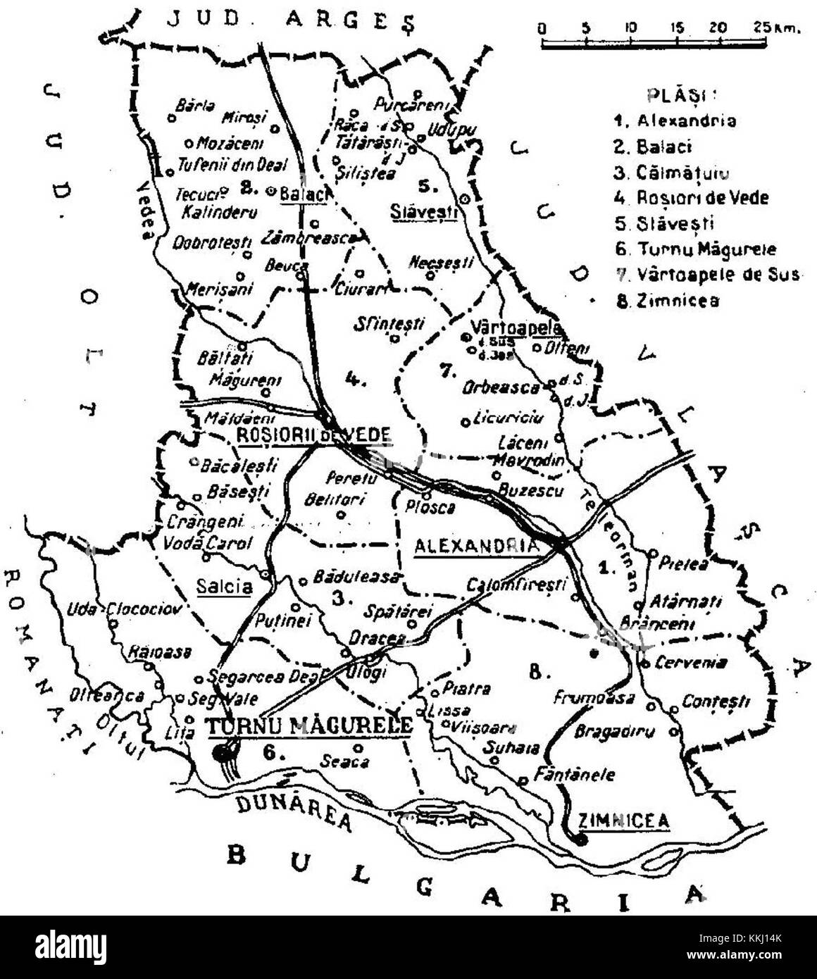 This 1938 map shows Teleorman, a county in Romania during the interwar ...