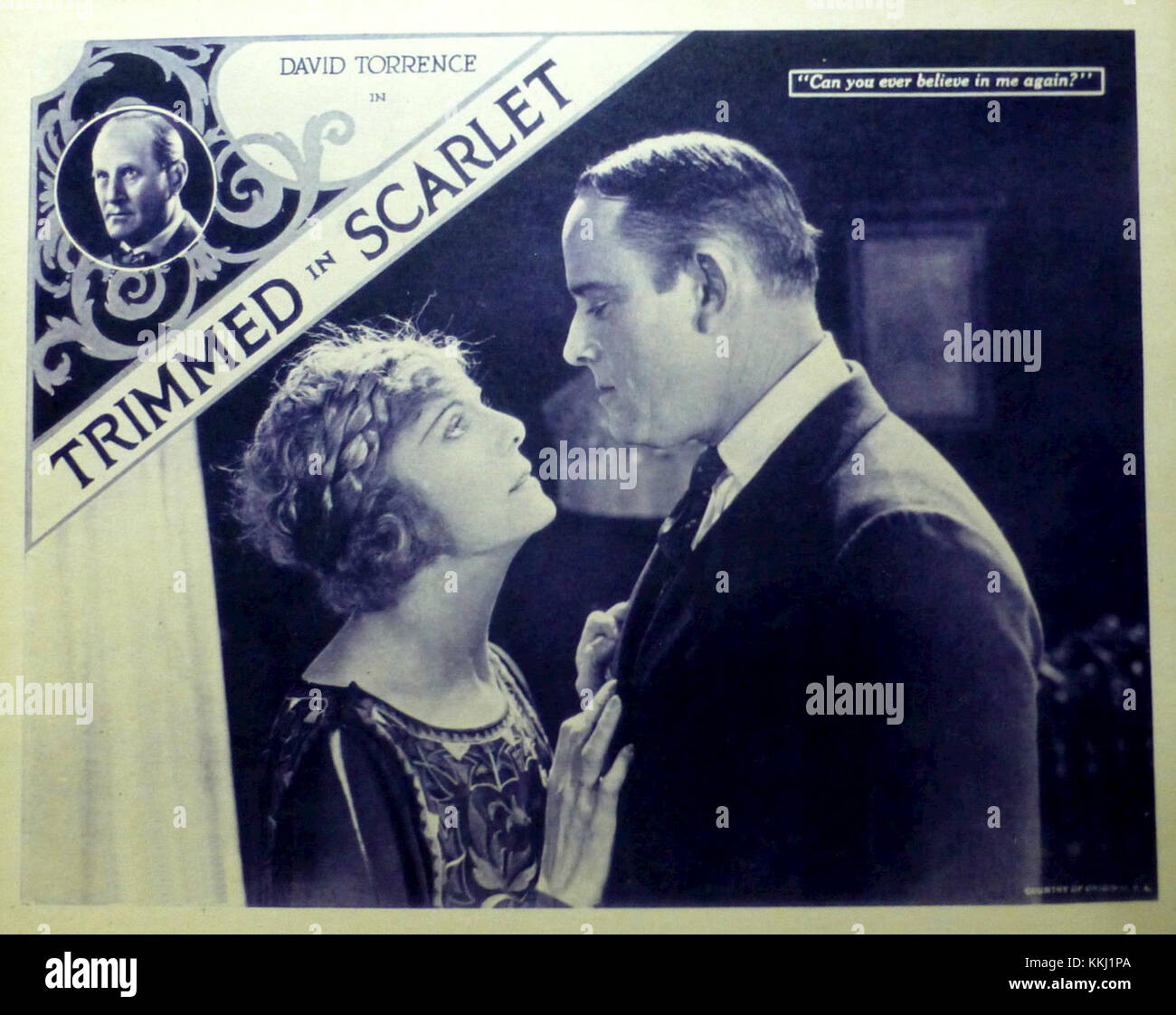 The lobby card for the film 'Trimmed in Scarlet' depicts scenes and ...
