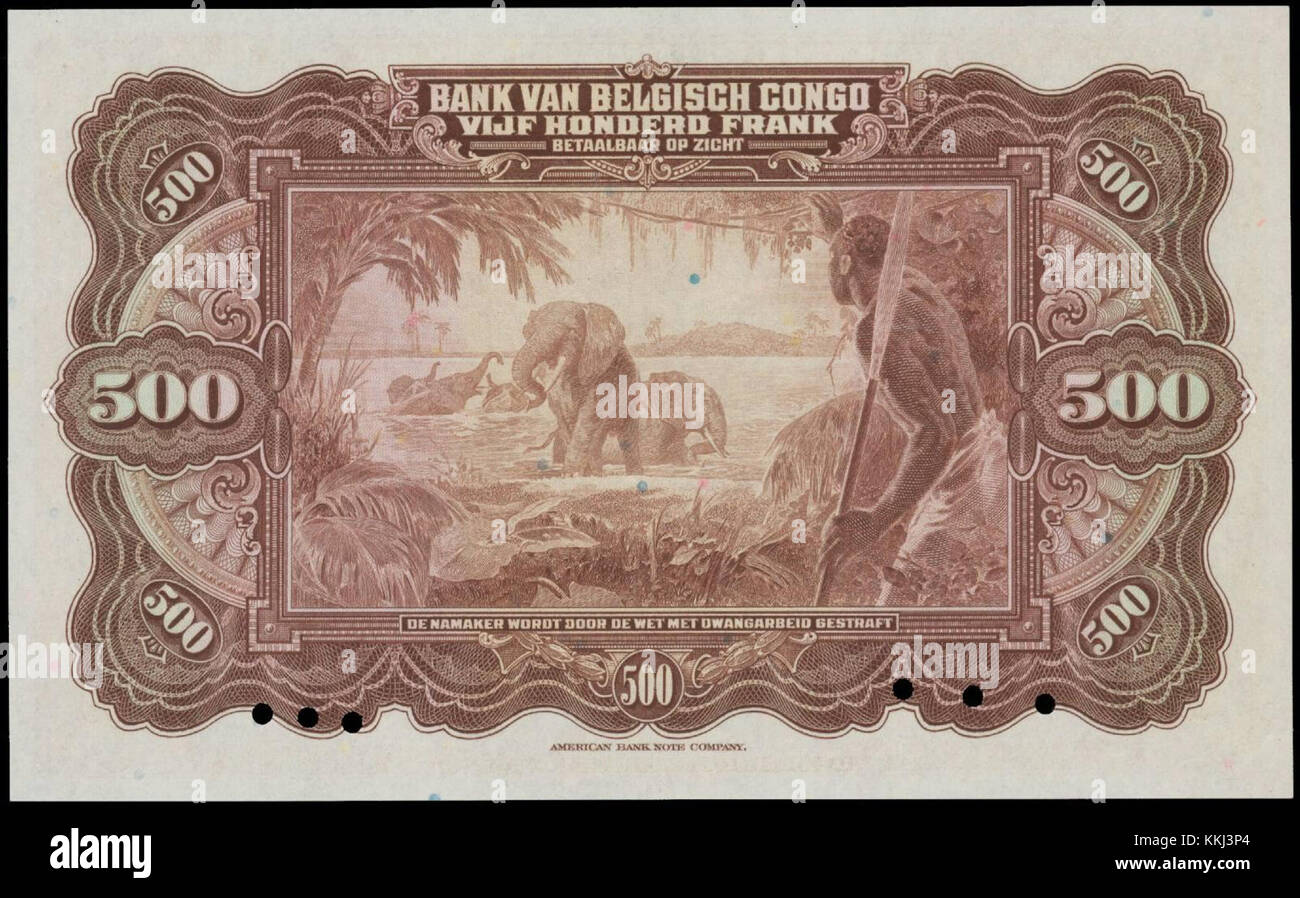 A 1943 issue of the 500 Belgian Congo franc banknote, featuring a ...