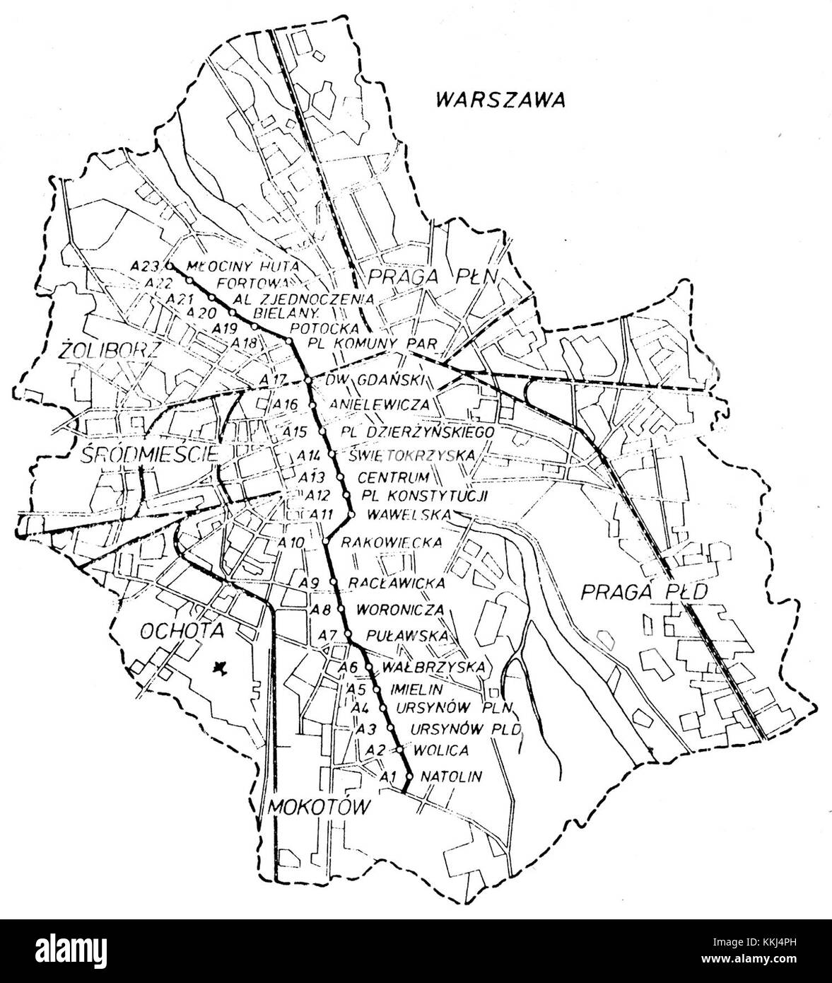 The map of the first line of the Warsaw metro, created in June 1982 ...