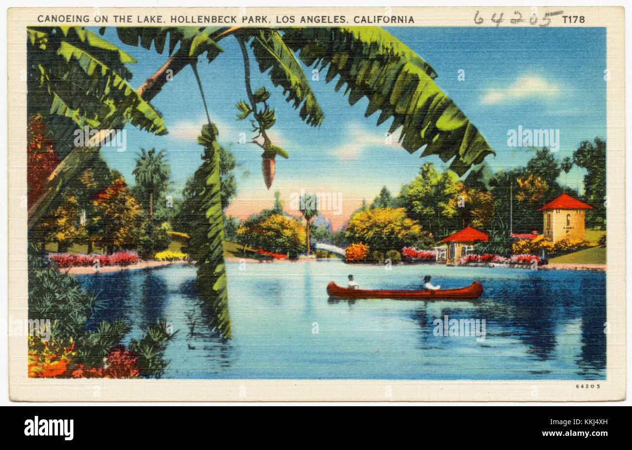 A photograph of people canoeing on the lake at Hollenbeck Park in Los ...