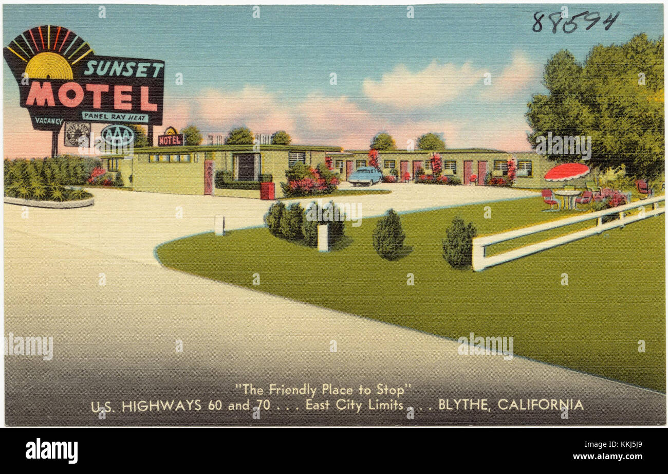 A vintage postcard of Sunset Motel, featuring its exterior and ...