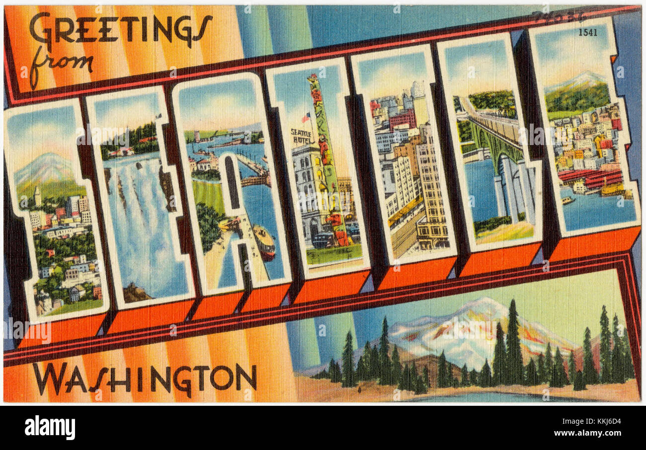 The postcard titled 'Greetings from Seattle, Washington' features a ...