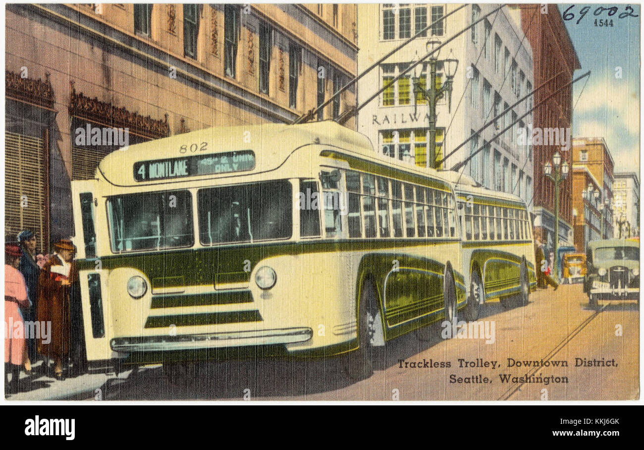 A trackless trolley in Seattle's Downtown District, Washington ...