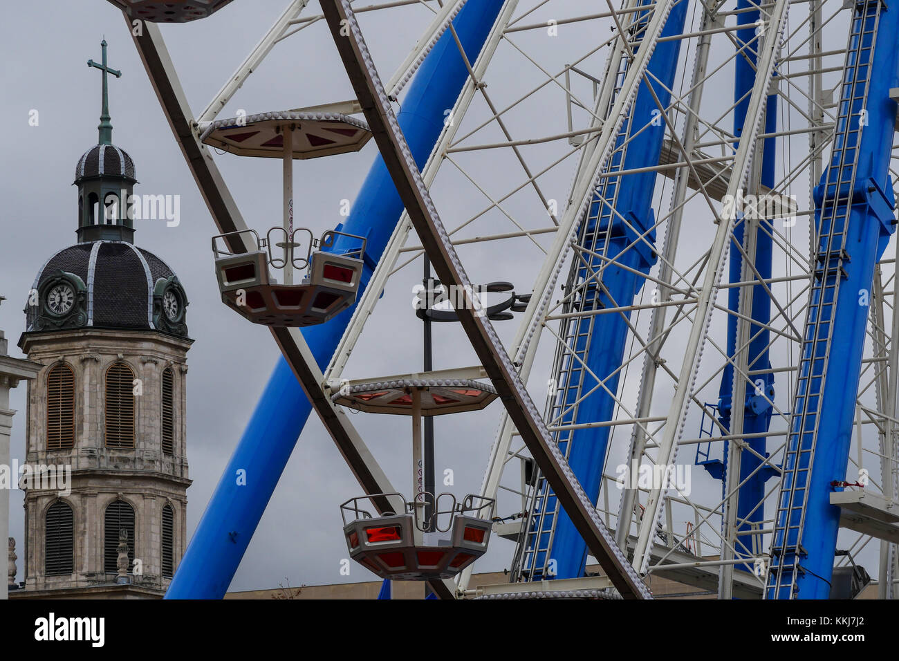 Charity Bell Tower seen through the Big Wheel, Lyon, France Stock Photo ...