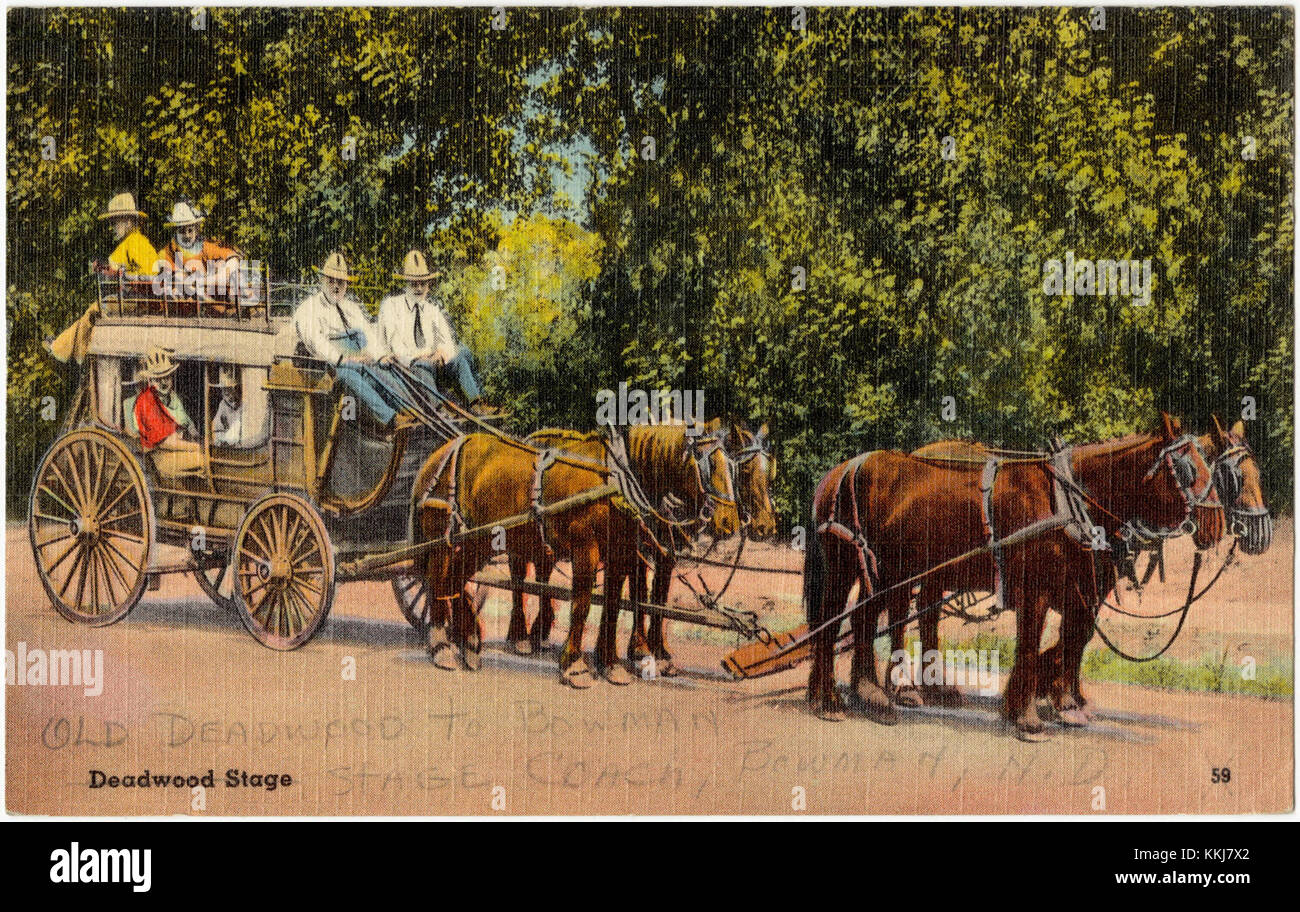 A historic photograph of a stagecoach traveling from Old Deadwood to ...